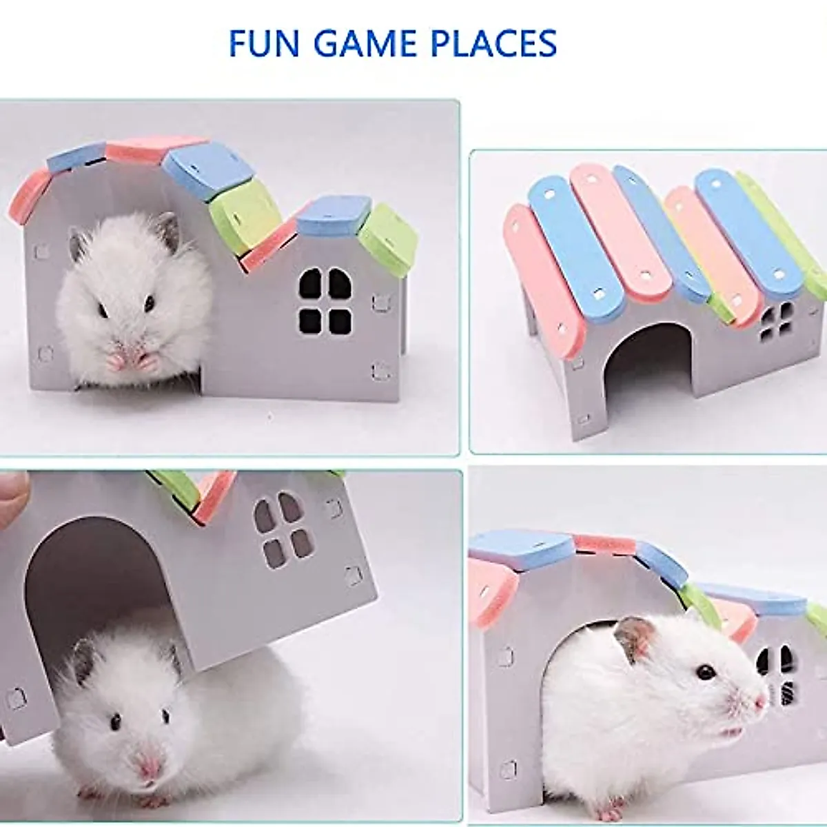 Hamiledyi Hamsters Flying Saucer Silent Running Exercise Wheels 10 Pcs Wooden Rainbow Gerbil House with Seesaw Small Animal Chew Toys for Teeth Care Molar Grass Cake Sweet Bamboo Snacks for Dwarf Mice