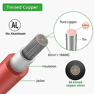 GARLLEN 3 Feet Solar Panel Extension Cable 10AWG/6mm², Solar Panel Cable with IP68 Waterproof, Solar Panel Photovoltaic Cable with Female and Male Connectors (3FT Red + 3FT Black)