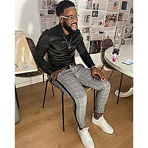 CANGHPGIN Mens Plaid Stretch Dress Pants Slim Fit Skinny Chino Pants Tapered Men Checkered Business Casual Pants Gray