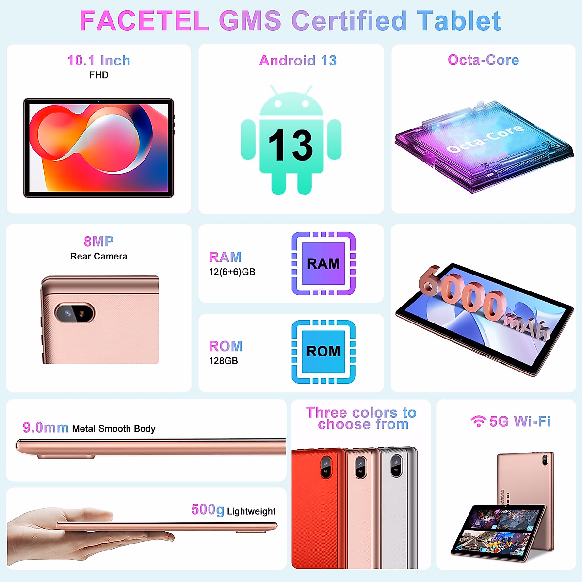 Tablet 10 inch Android 13 Tablet Octa-Core 2.0 GHz with 12GB RAM 128GB ROM, 5G WiFi, 6000mAh, HD IPS Touchscreen, Bluetooth 5.0, 1280 * 800, 5+8 MP 2 in 1 Tablet with Keyboard and Mouse - Rose