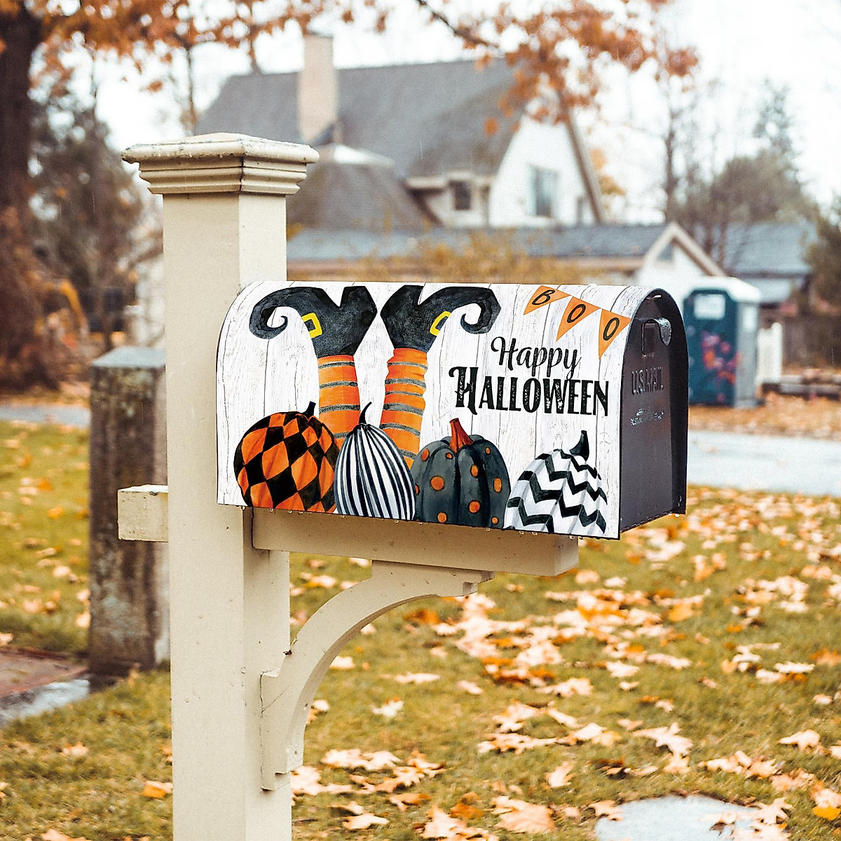 Texupday Happy Halloween Boo Witch Feet Pumpkin Decoration Mailbox Cover with Magnetic Strip Fall Holiday Mailbox Wraps Post Letter Box Cover Standard Size 21" X 18" for Garden Outdoor Yard Decor