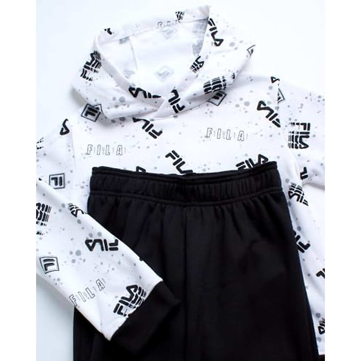 Fila Boys' Sweatsuit Set - 2 Piece Active Hoodie Sweatshirt and Jogger Sweatpants - Performance Activewear Set for Boys, 8-12, Size 10, Black Logo