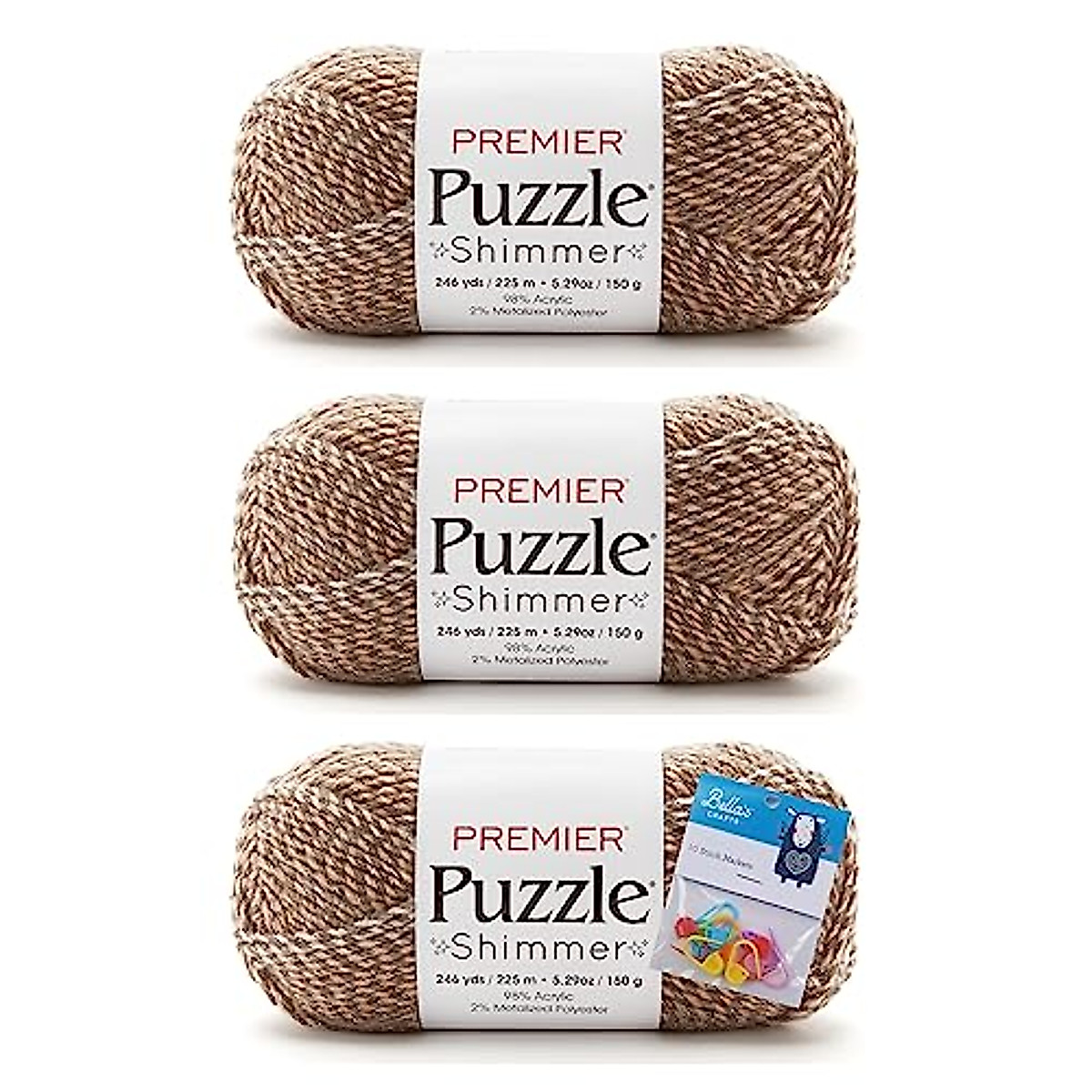 Premier Puzzle Shimmer Yarn 3-Pack Bundle with Bellas Crafts Stitch Markers (Crossword Shimmer)
