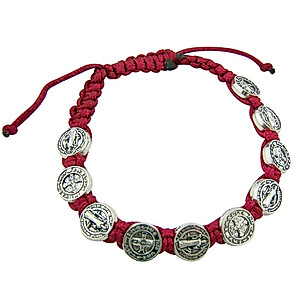 Saint St Benedict Medal on Adjustable Red Cord Bracelet, 8 Inch