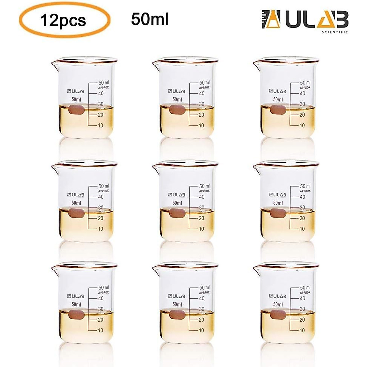 ULAB Scientific Glass Beakers Shot Glass, Vol. 50ml, 3.3 Borosilicate Griffin Low Form with Printed Graduation, Pack of 12, UBG1013