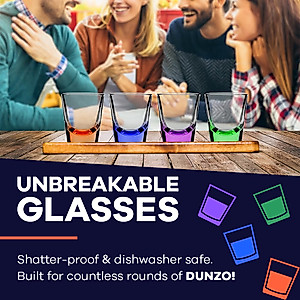 DUNZO® - Party Version of Classic Card Game with 4 Unbreakable Glasses - Draw Two, Skip, Reverse, Get Hydrated - Fun Party Game & Funny Gifts - Adult Games for Game Night - Adult Party Games