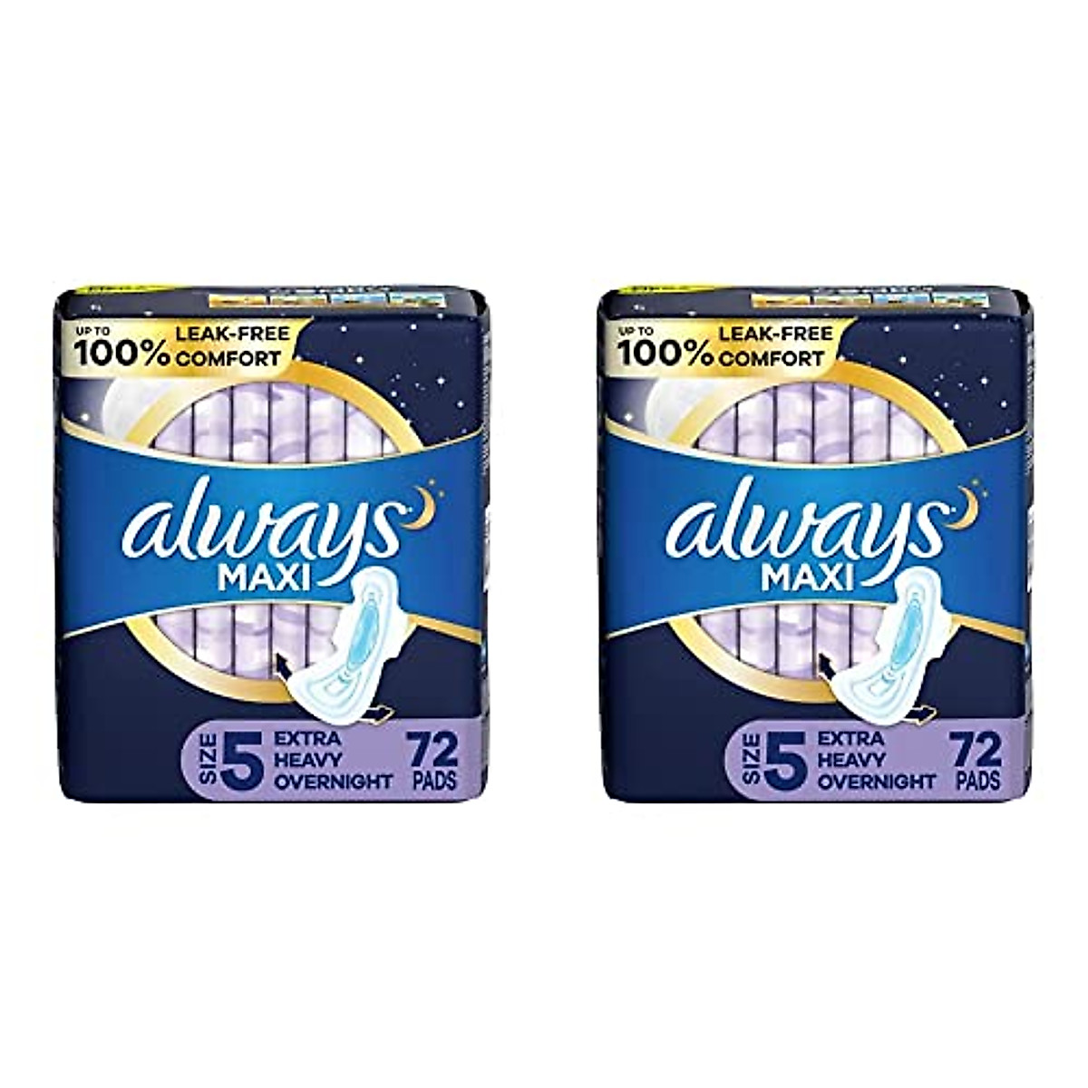 Always Maxi Overnight Pads with Wings, Size 5, Extra Heavy Overnight, Unscented, 72 Count (Pack of 2)