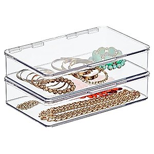 mDesign Plastic Closet Storage Organizer Box Containers with Hinged Lid for Shelves or Cabinets, Holds Necklaces, Hair Ties, Bracelets, Earrings, Wallets, Cosmetics, and Accessories - 2 Pack - Clear
