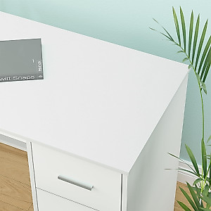 HSH White L Shaped Desk with Drawers Shelves, Large Home Office Corner Computer Desk with Storage File Cabinet, Modern Metal Wood Desk for Executive Writing Study Workstation, 59 Inch Bedroom Table