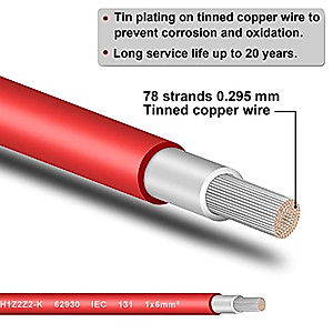 Shirbly Solar Panel Wire - 50FT Black & 50FT Red Tinned Copper Wire, 10AWG (6mm²) PV Wire Solar Extension Cable for Outdoor Automotive RV Boat Marine Solar Panel- Black & Red (10AWG 50FT)