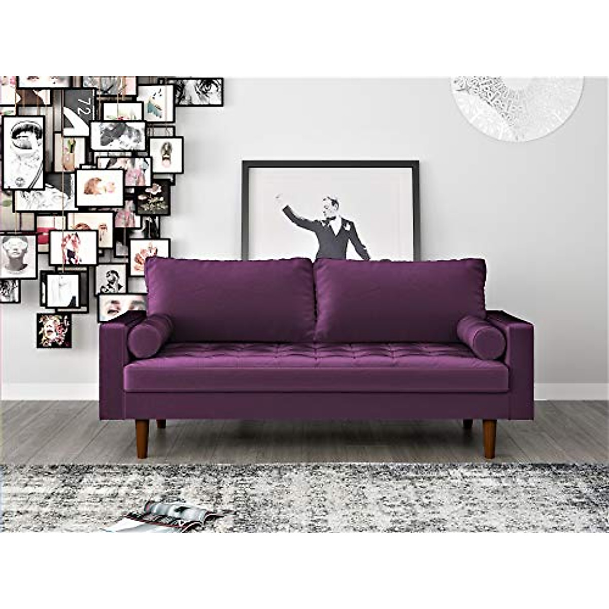 Container Furniture Direct Womble Modern Velvet Upholstered Living Room Diamond Tufted Chesterfield Sofa with Gleaming Nailheads, Purple