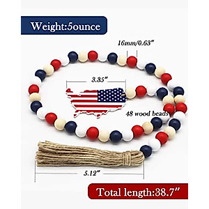 Wooden Beads Decor,Fall Decorations for Tiered Tray Decor Wood Bead Garland, Farmhouse Decor Beads with Tassel, Prayer Boho Beads Big Wall Hanging Decor (Red, White, Blue)
