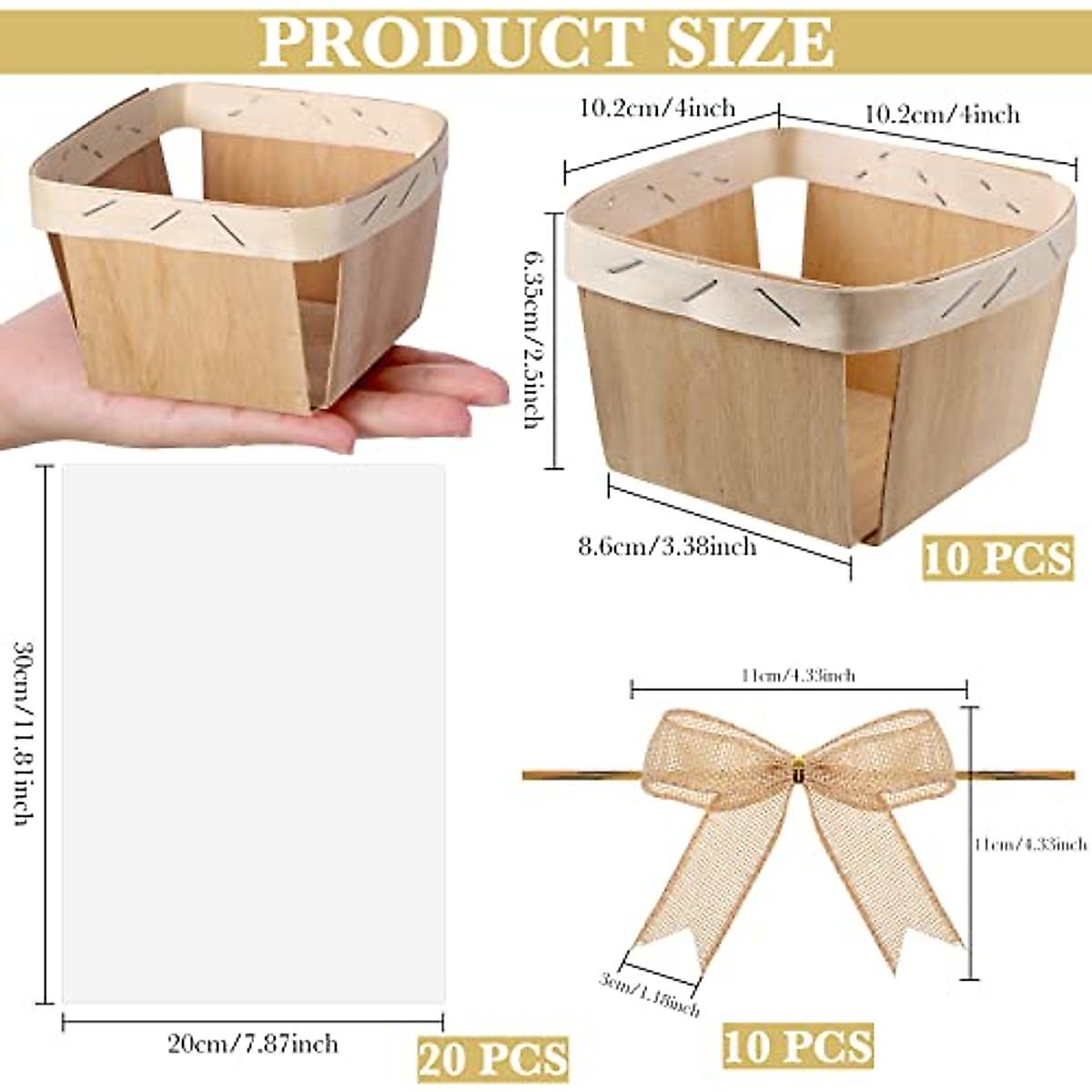 Yerliker 10 Set Wooden Gift Baskets Imitation Jute Bows Clear Treat Bags Set for Christmas Picking Fruit Birthday Decorations Wedding Gift Packages()