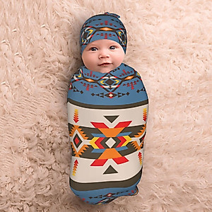 Western Baby Stuff Native American Aztec Navajo Newborn Baby Swaddle Blanket Soft Wrap Sleep Sack with Beanie Hat Gifts for Boy Girl