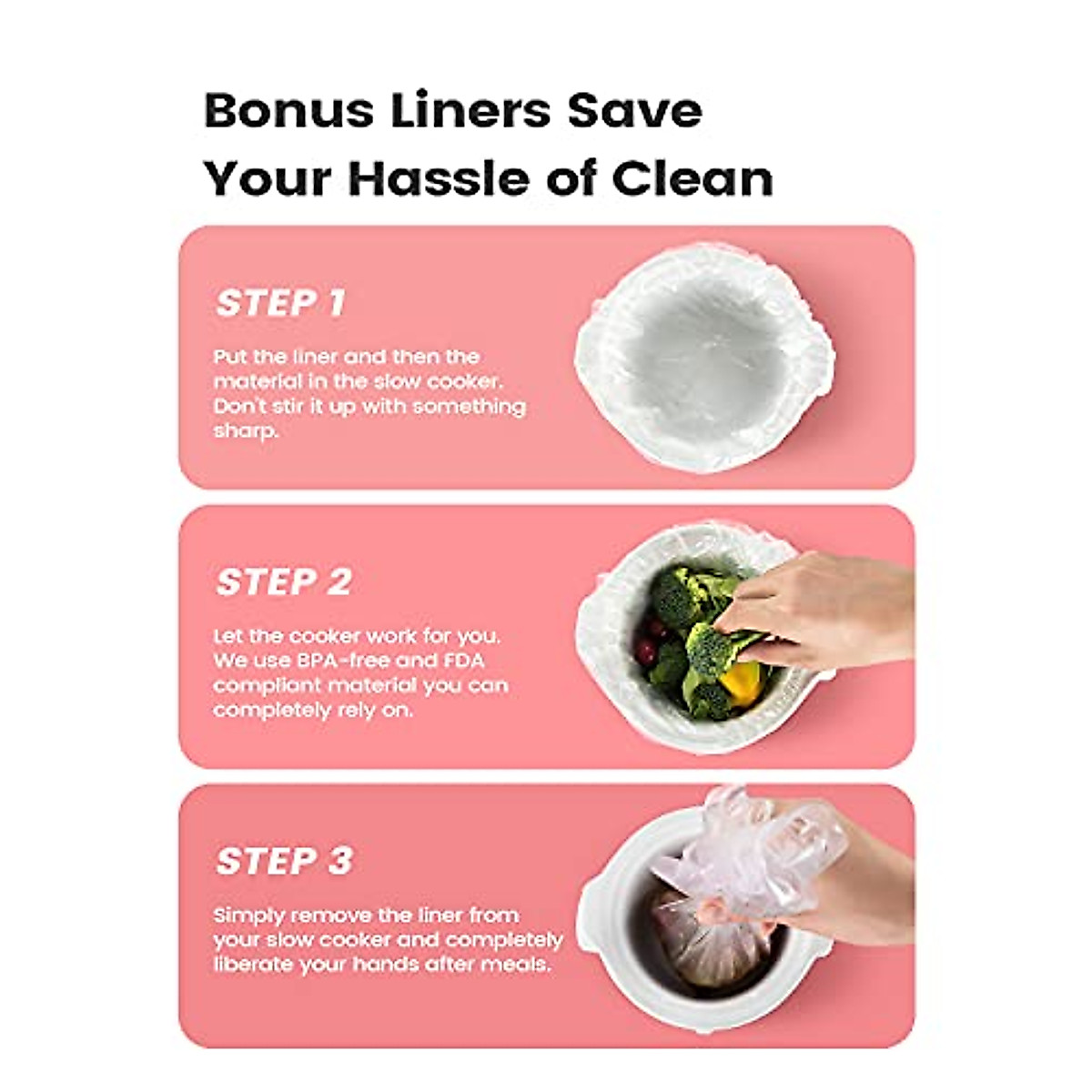 KOOC Small Slow Cooker, 2-Quart, Free Liners Included for Easy Clean-up, Upgraded Ceramic pot, Adjustable Temp, Nutrient Loss Reduction, Stainless Steel, Pink, Round