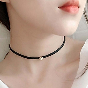 Yheakne Boho Leather Choker Necklace Thin Black Suede Velvet Necklace Chain Vintage Minimalist Beaded Necklace 90s Chain Jewelry for Women and Girls Gifts