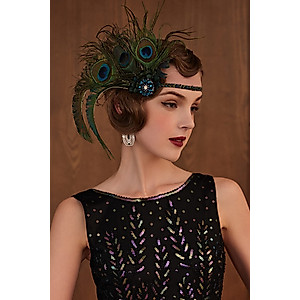 BABEYOND 1920s Flapper Peacock Feather Headband Roaring 20s Beaded Showgirl Headpiece 1920s Great Gatsby Costume Hair Accessories (Blue & Green)
