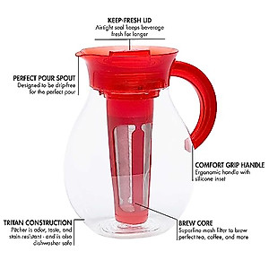 Primula The Big Iced Tea Maker Tritan Plastic Infusion Beverage Pitcher with Leak Proof, Airtight Lid, Fine Mesh Resuable Filter, Manufactured without PFOA, Dishwasher Safe, 1-Gallon, Red