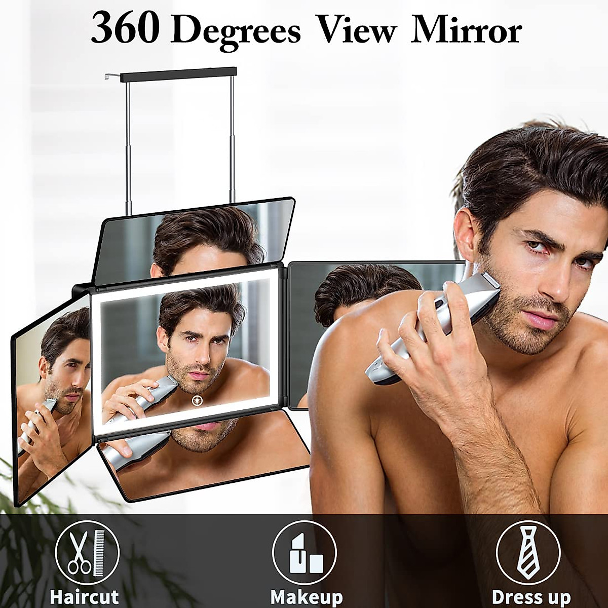 UHdod 5 Way Mirror for Hair Cutting with LED Light, 360° Barber Mirrors with Adjustable Height Brackets, Makeup Mirror for Self Cut, Shaving, Grooming, Good Gifts for Men Women