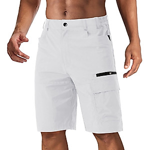 CRYSULLY Mens Summer Outdoor Shorts Lightweight Quick Dry Cargo Casual Hiking Shorts with 5 Zipper Pockets White 34