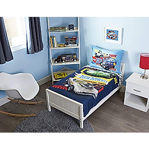 Hot Wheels Race Car 4-Piece Toddler Bedding Set - Includes Quilted Comforter, Fitted Sheet, Top Sheet, and Pillow Case, 28" x 52"
