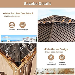 MELLCOM 10' x 12' Hardtop Gazebo, Wooden Finish Coated Aluminum Frame Gazebo with Galvanized Steel Double Roof, Brown Metal Gazebo with Curtains and Nettings for Patio, Lawn & Garden