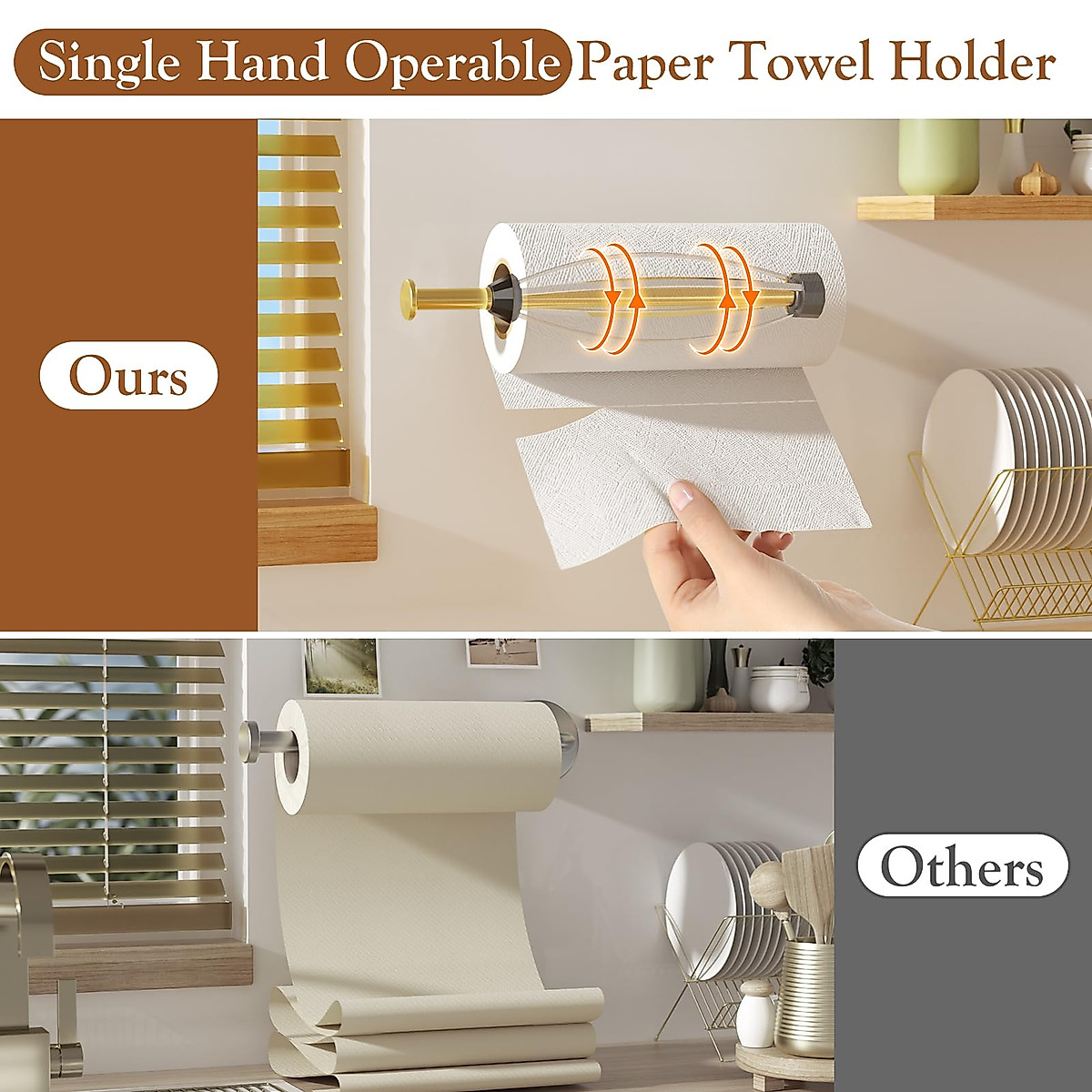 Paper Towel Holder Under Cabinet with 2 Hooks, Paper Towel Holder Wall Mount with Damping Effect, Self-Adhesive or Drilled Paper Roll Holders for Kitchen, Bathroom, RV(Gold)