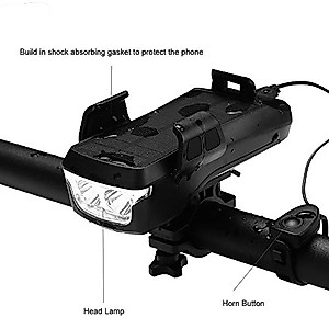 Multifunctional Bike LED Headlight 4000mAh Bicycle Front Lamp 550 Lumens USB Rechargeable Waterproof Cycling Light with Solar Power Bank & Loud Horn & Phone Bracket Holder (with Solar Power)