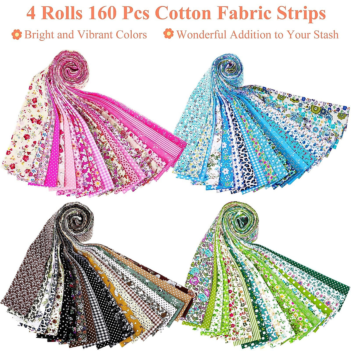 SmoothNovelty 160 Pcs 4 Roll Fabric Strips Assorted Quilting Fabric for Quilting Crafting and Sewing Rolled Cotton for Crafts Blanket Rug Upholstery and Purse Making (Warm Printing Style)