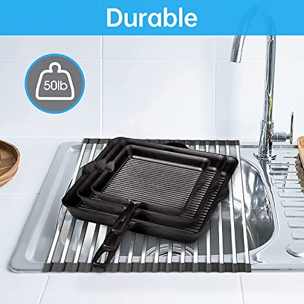 AOUAO Roll Up Dish Drying Rack,Multipurpose Stainless Steel Over The Sink Drainer Rack,Kitchen Portable Dish Rack (Square)