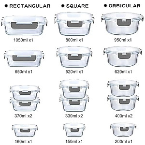 stusgo Glass Food Storage Container Set, Leak Proof Glass Meal Prep Containers Lunch Food Storage with Lids Airtight Storage for Kitchen Organization (grey, 15 pack)