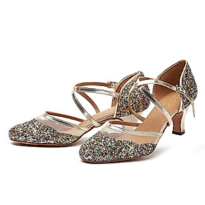 ZHCRCfirm Women's Glitter Closed Toe Ballroom Morden Latin Tango Party Wedding Professional Dance Shoes Gold US 7.5