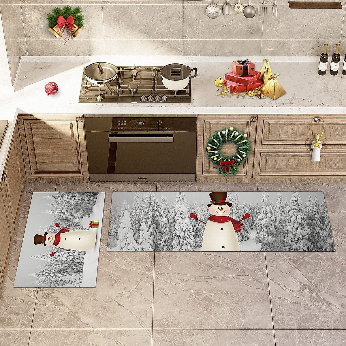 Queener Home Winter Christmas Tree and Snowman Kitchen Rugs and Mats Set of 2, Washable Floor Doormat Comfort Area Runner Rug Non-Slip Rubber Backing for Indoor Cartoon Pattern