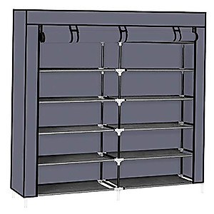 Vertical Shoe Rack Room-saving 7 Tier 14 Lattices Non-woven Fabric Shoe Rack Organizer Free Standing Shoe Racks Dust-proof Shoe Rack with Covers Suitable for Sneakers,High Heels,Flats (Gray)