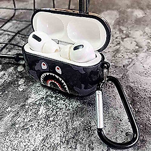 Shark Teeth Softshell Silicone Camouflage Airpods Case, IMD Case Shockproof Case Skin with Key Ring, Suitable for Apple Airpods Pro (Black)