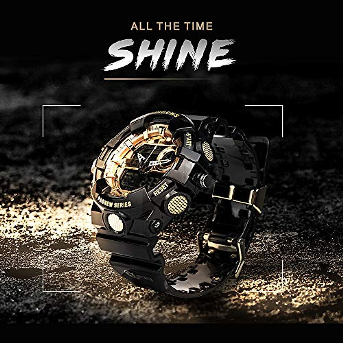 PINDOWS Men Digital Sports Watch, Outdoor Waterproof Military Digital Watch LED Screen Large Face Dual Dial Time and Stopwatch Alarm Wristwatch (Black Gold)