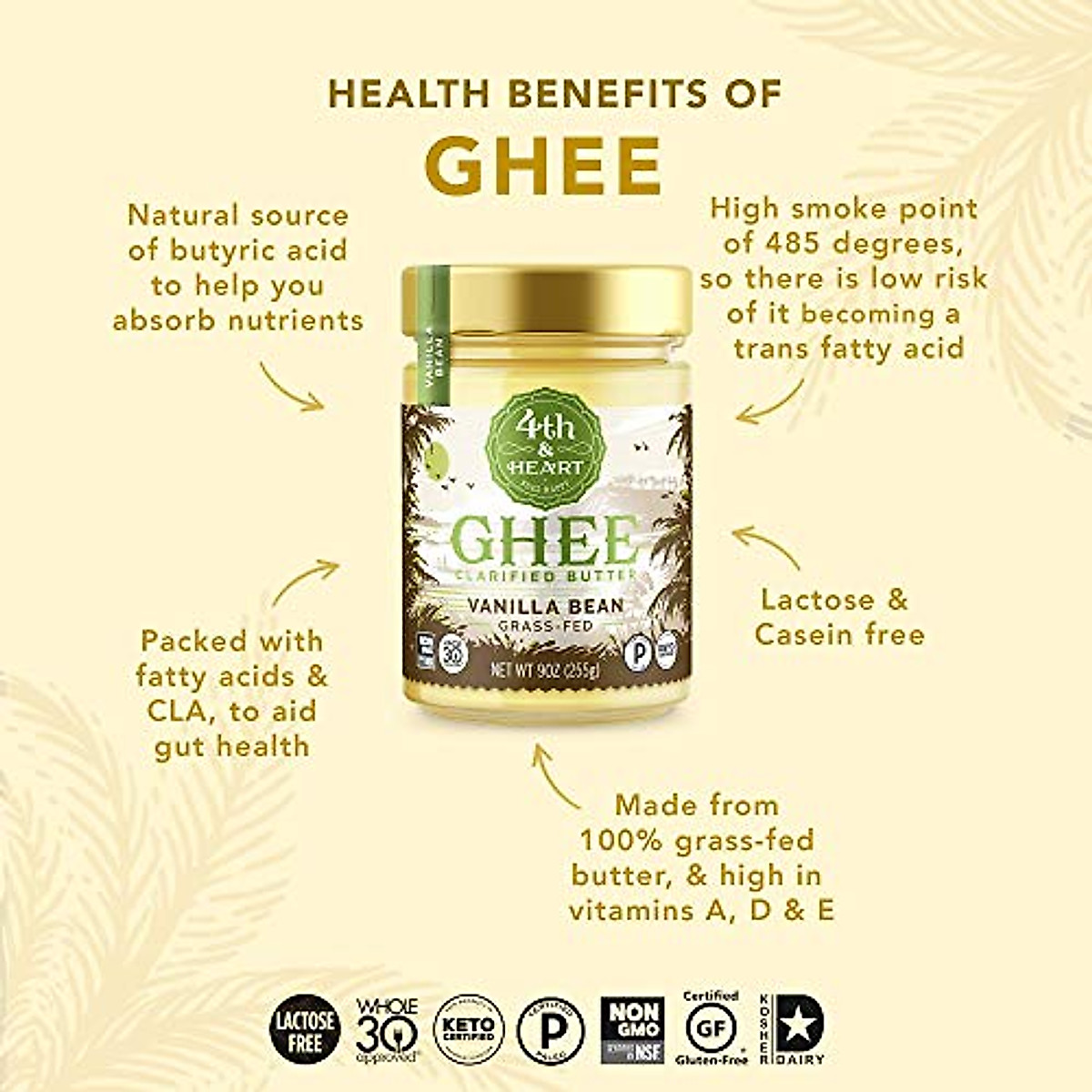 4th & Heart Vanilla Bean Grass-Fed Ghee, 9 Ounce, Keto, Pasture Raised, Lactose and Casein Free, Certified Paleo