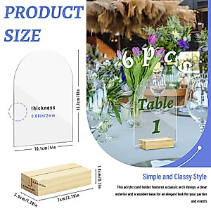 ISusser 6 Pack 4x6 Inch Blank Clear Arch Acrylic Sign with Wooden Stands, Arched Round Top Acrylic Sheet, DIY Acrylic Arch Table Numbers for DIY Name Card Gifts Event Party Sign Decoration