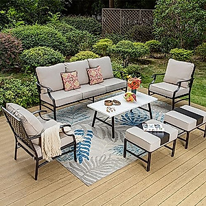 MIXPATIO Patio Furniture Set for 7 Person, 6 Pieces Outdoor Conversation Set, 3-Seat Sofa, 2 Single Chairs, 2 Ottoman, Metal Coffee Table with Marbling for Patio Lawn Garden Backyard Poolside