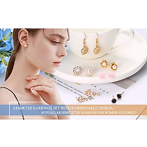 SAILIMUE 84 Pairs Assorted Multiple Stud Earrings Hoop Set Dangle Cute Hypoallergenic CZ Bow Butterfly Flower Leaf Ball Simple Drop Earrings Stud for Women Pack