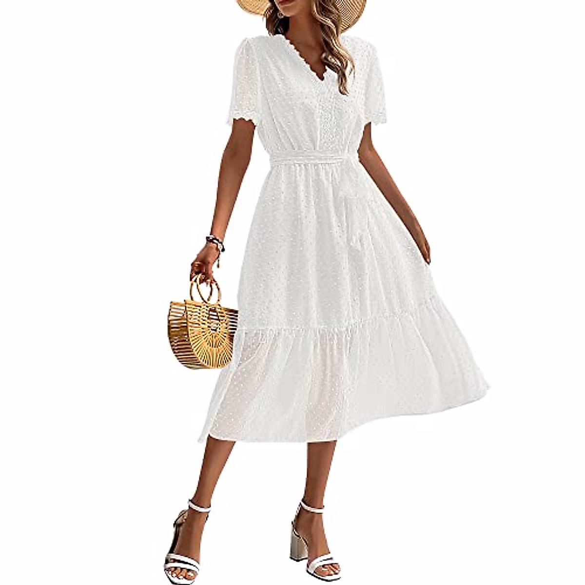 BTFBM Women 2023 Summer Boho Midi Dress Short Sleeve V Neck Swiss Dot Belted High Waist Ruffle Tiered A-Line Beach Dress(Swiss Dot White, Medium)