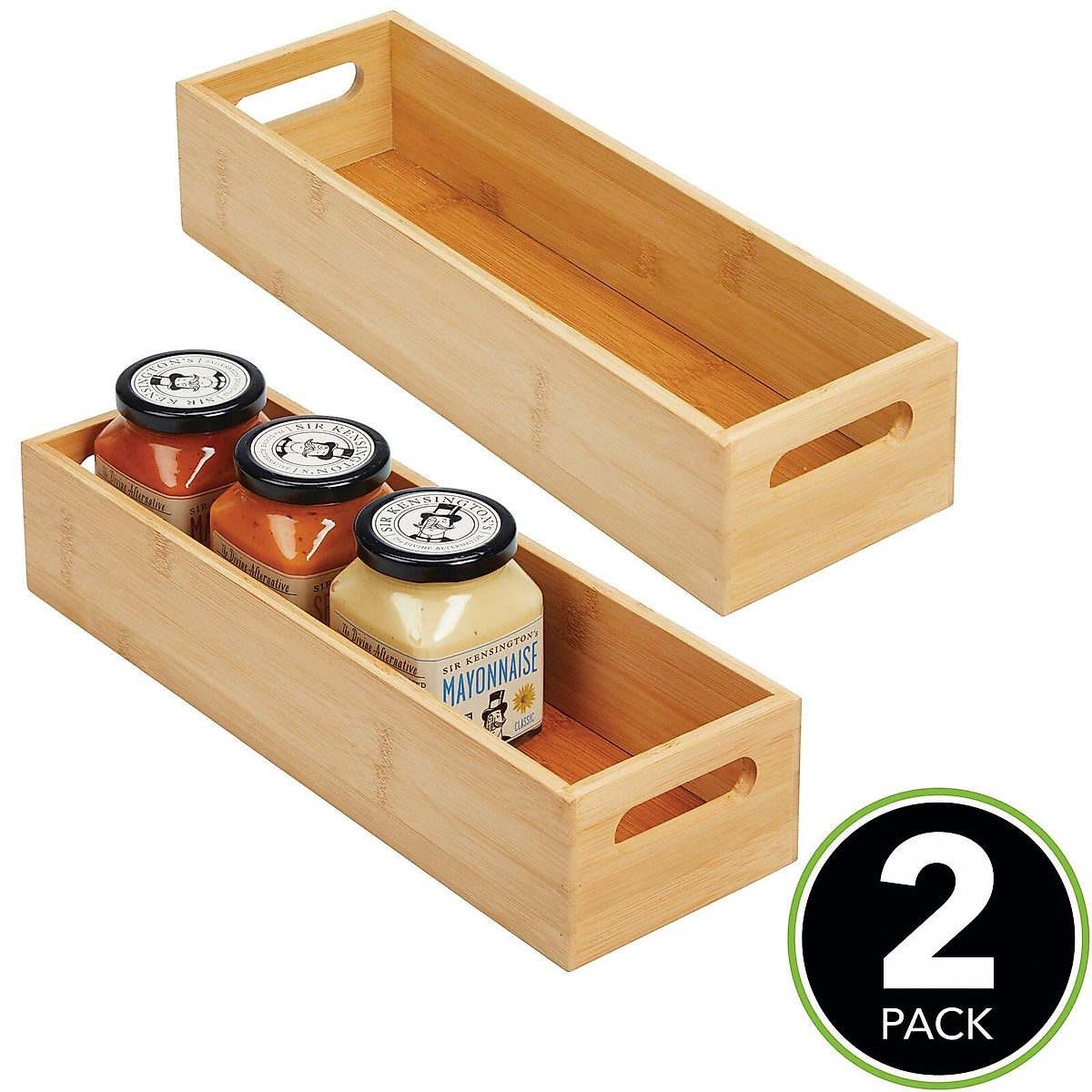 mDesign Bamboo Kitchen Cabinet & Fridge Drawer Organizer Tray with Handle - Storage Bin for Cutlery, Serving Spoons, Cooking Utensils, Gadgets - 2 Pack - 9" Wide - Natural Wood Finish