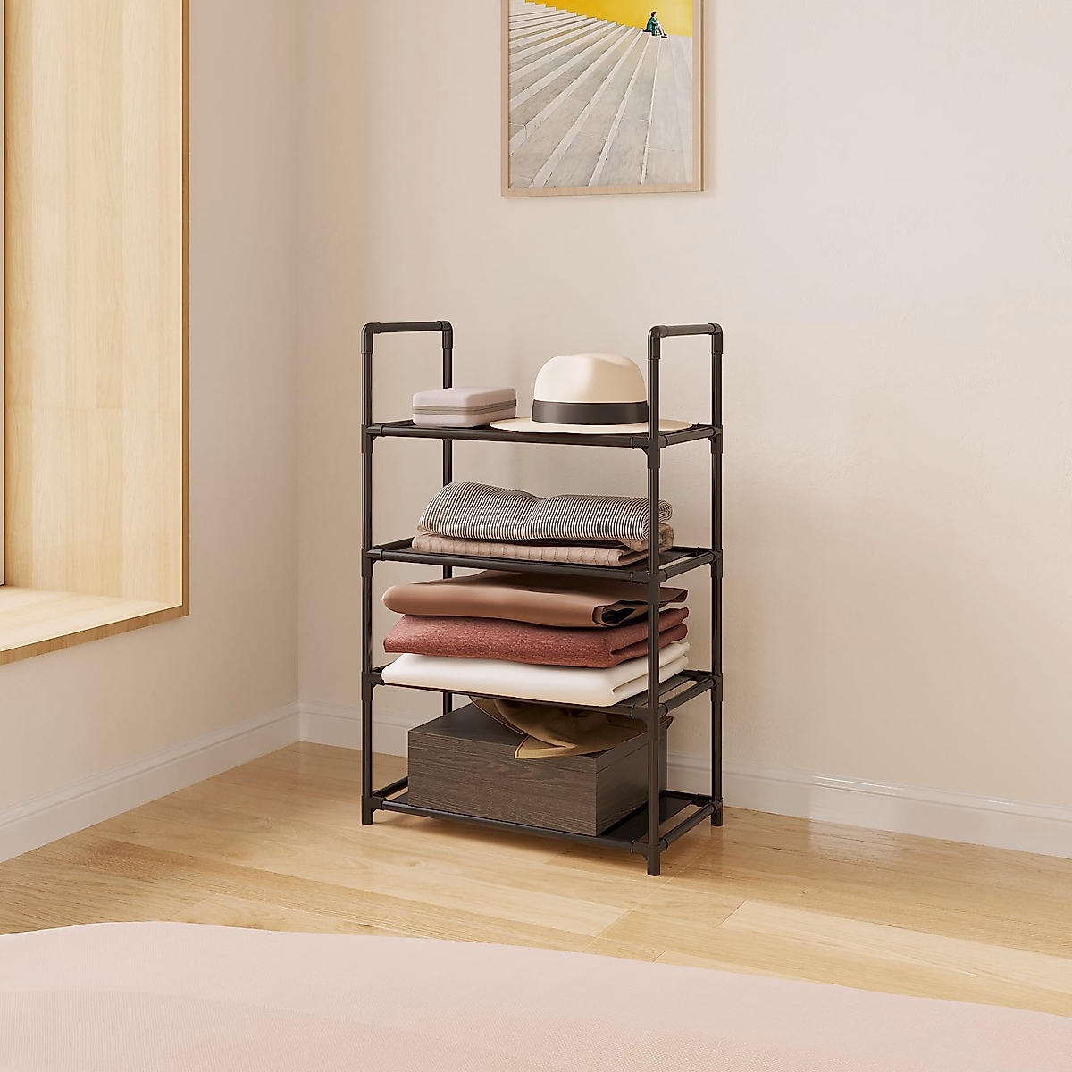 COAPUKT 4-Tier Small Shoe Rack, Narrow Kids Shoe Rack Stackable Organizer Storage,Sturdy Shoe Stand For Closet Entryway Hallway((4 Tiers-Black)