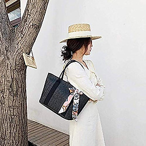 Women Woven Shoulder Bag Handbag Straw Tote Bag Summer Rattan Bag Purse for Beach Travel (black)