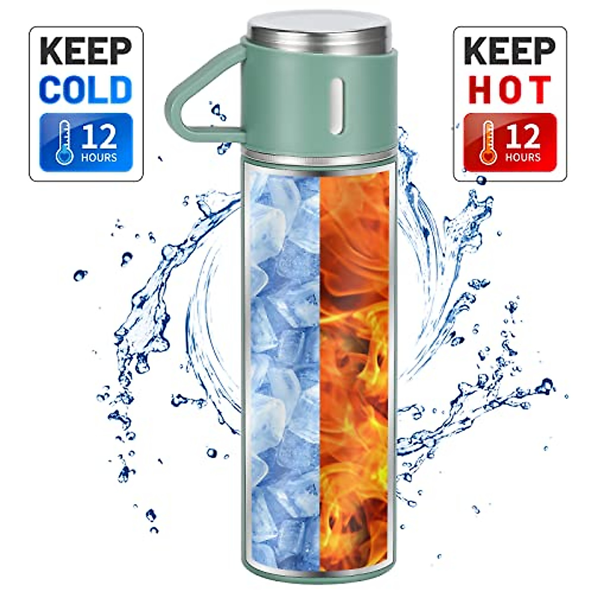 MUCR 500ml/17 OZ Stainless Steel Coffee Thermo Vacuum Flask Set, Insulated Water Bottle with Three Cup for Hot and Cold Drinks, Green