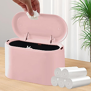 Mini Trash Can with Lid, Desktop Small Trash Can, Removable Small Garbage Can, Pop Up Countertop Wastebasket for Bathroom,Office,Kitchen,Desk,Car, Free 5 roll Bags