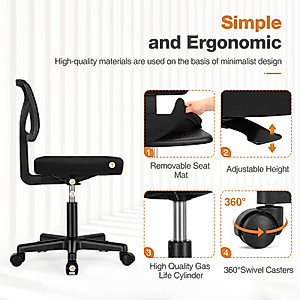 Armless Small Home Office Desk Chair, Ergonomic Low Back Computer Chair, Adjustable Rolling Swivel Task Chair with Lumbar Support for Small Space, 1 Pack, Black