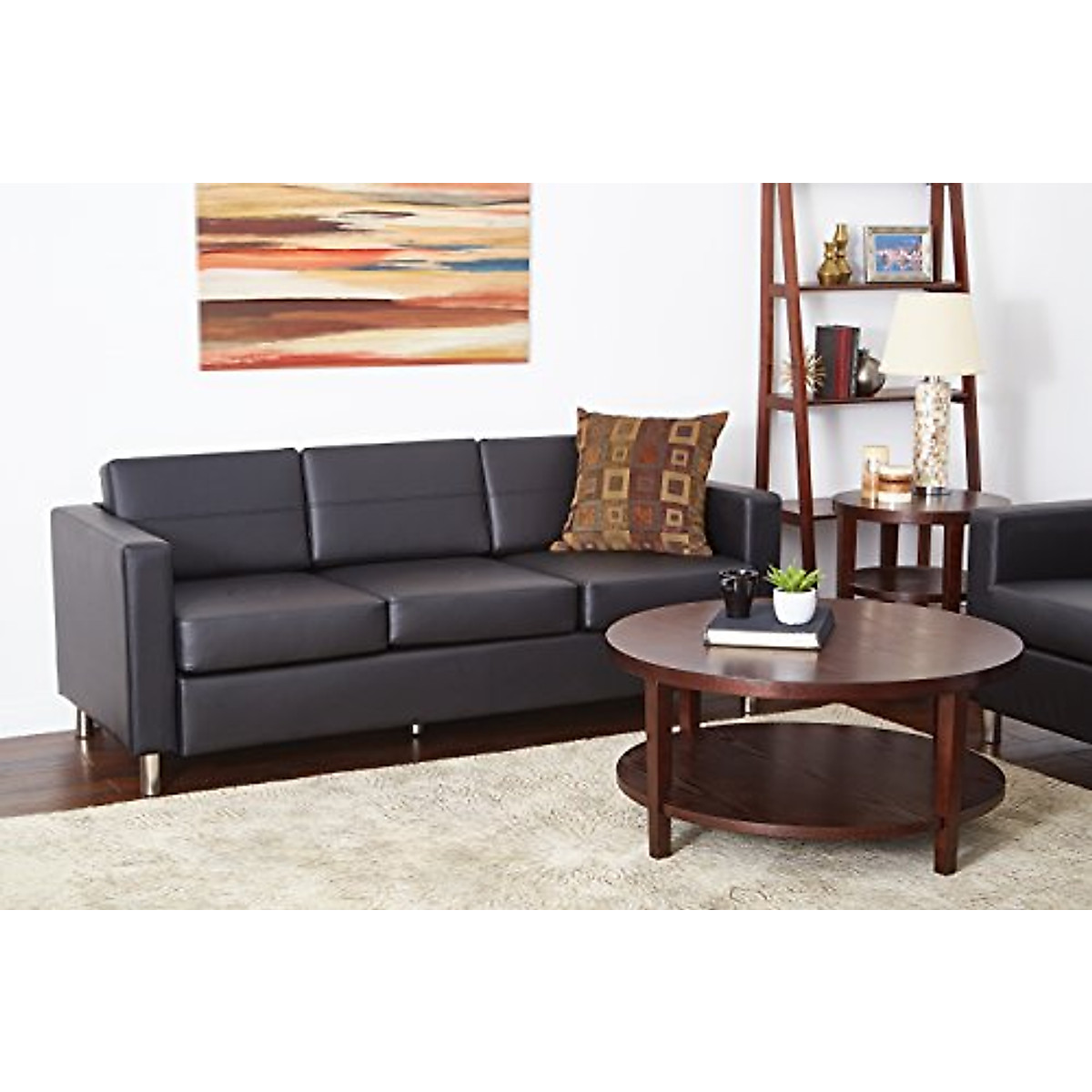 OSP Home Furnishings Pacific Vinyl Sofa Couch with Spring Seats and Silver Metal Legs, Black