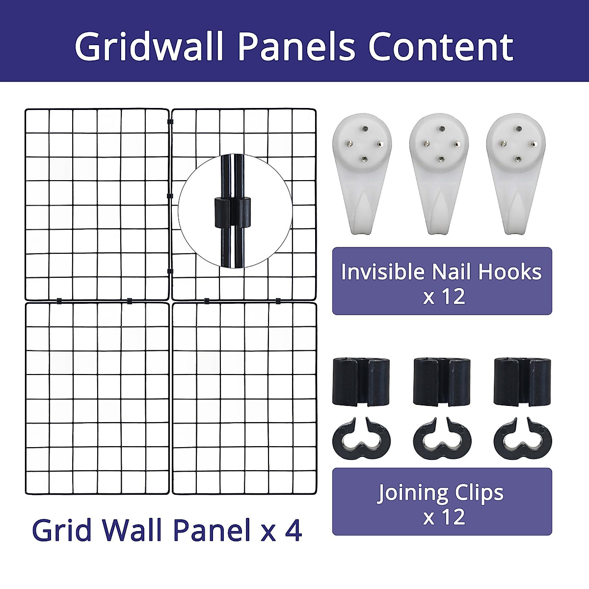 WELLCO Grid Wall Panels, 15.7"x 11.8" Grid Wall for Any Retail Display, Portable and Assembled Wall Grid with Extra Joining Clips and Hooks, 4 Pack, Black