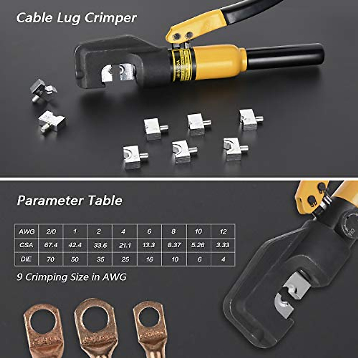 HYCLAT 10 Tons Hydraulic Crimping Tool Battery Cable Lug Terminal Crimper with 9 Pairs of Dies, 12 AWG to 2/0 AWG Wire Crimping Tool